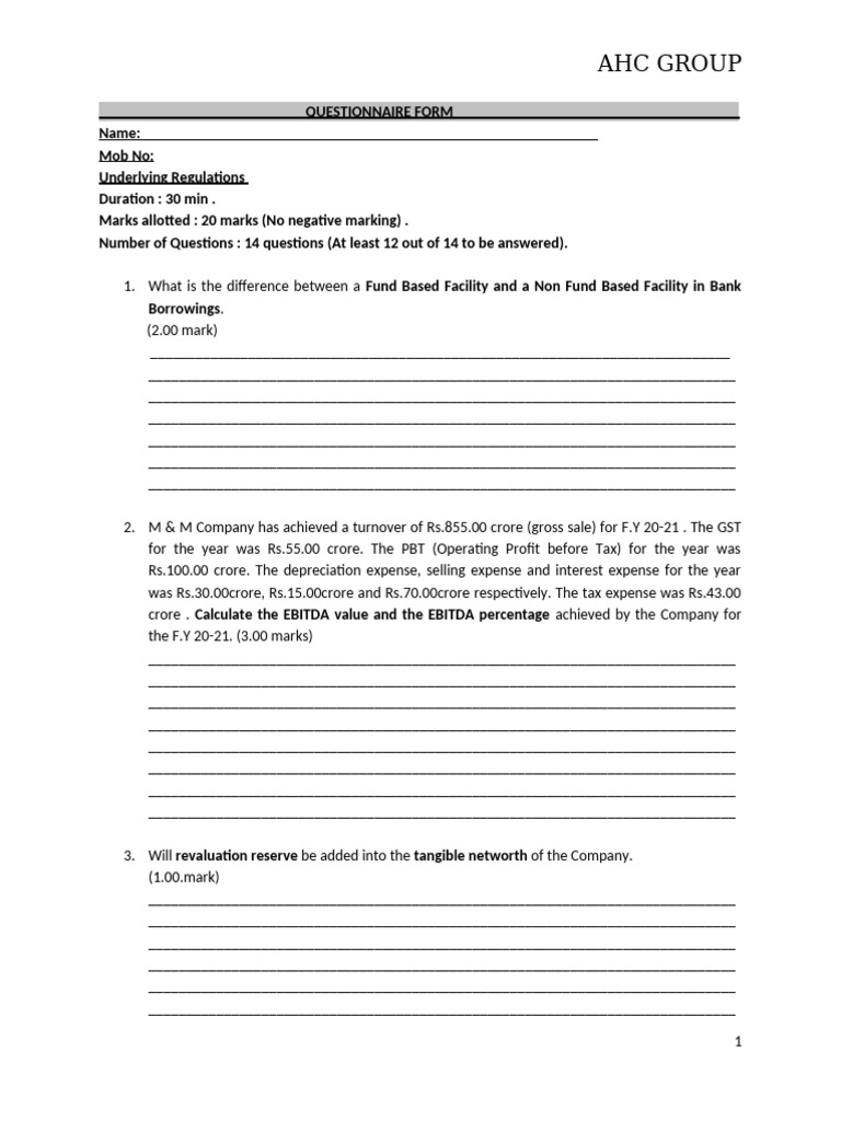 AHC Group Financial Questionnaire | PDF | Credit | Finance & Money ...