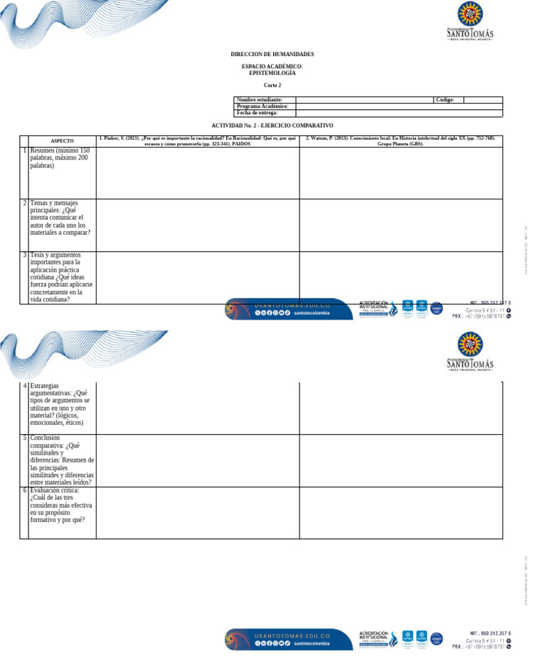 FORMATO EJERCICIO COMPARATIVO EPISTEMOLOGIA (Corte 2) | PDF