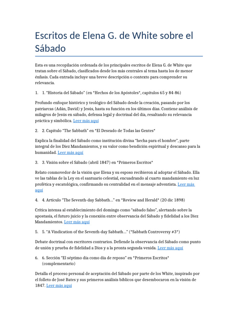 Escritos de Elena G. de White sobre el Sábado | PDF | Creencia ...