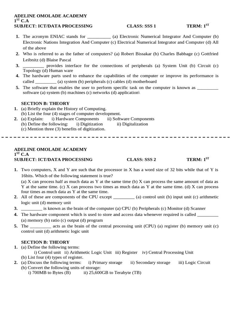 1st CA SSS ICT - Data Processing 1st TERM 2024 | PDF | Computer ...