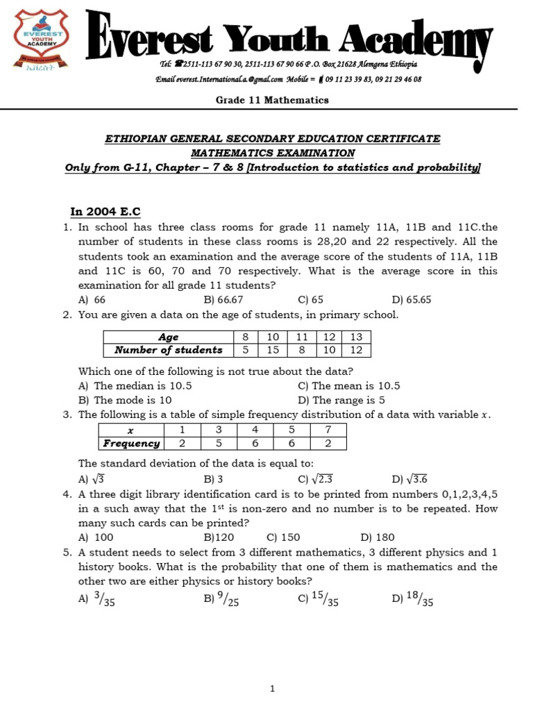 Grade 11 Statistics Exam Questions | PDF | Mean | Probability Distribution