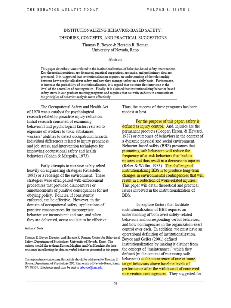 Institutionalizing Behavior-Based Safety Thomas e Boicey | PDF ...