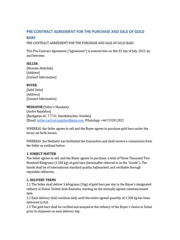 Gold Sale PreContract Agreement | PDF | Present Value | Business