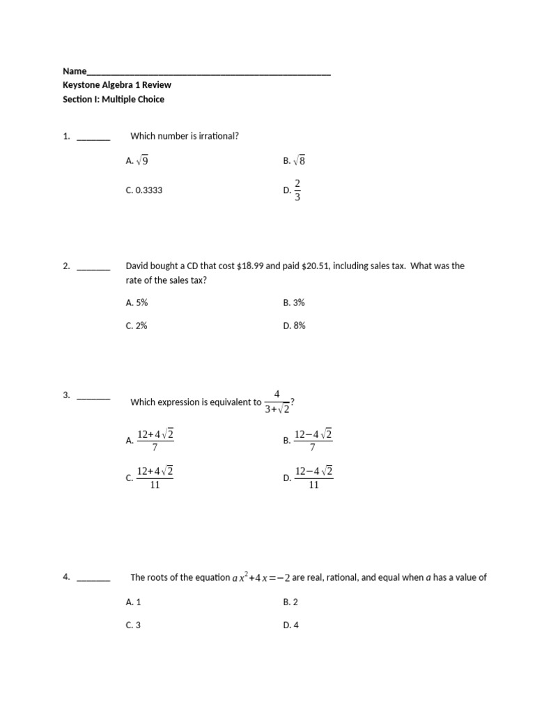 Keystone Operationsand Linear Equations Review | PDF | Square Root ...