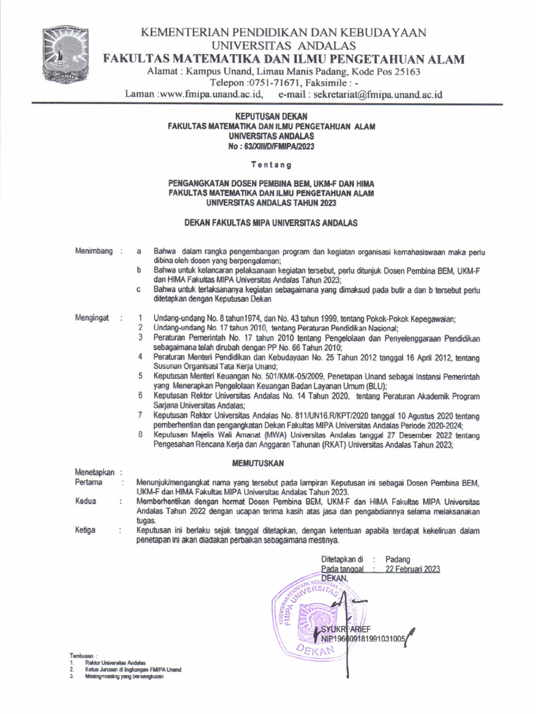 SK Pengangkatan Dosen Pembina BEM UKM F Dan HIMA Tahun 2023 | PDF