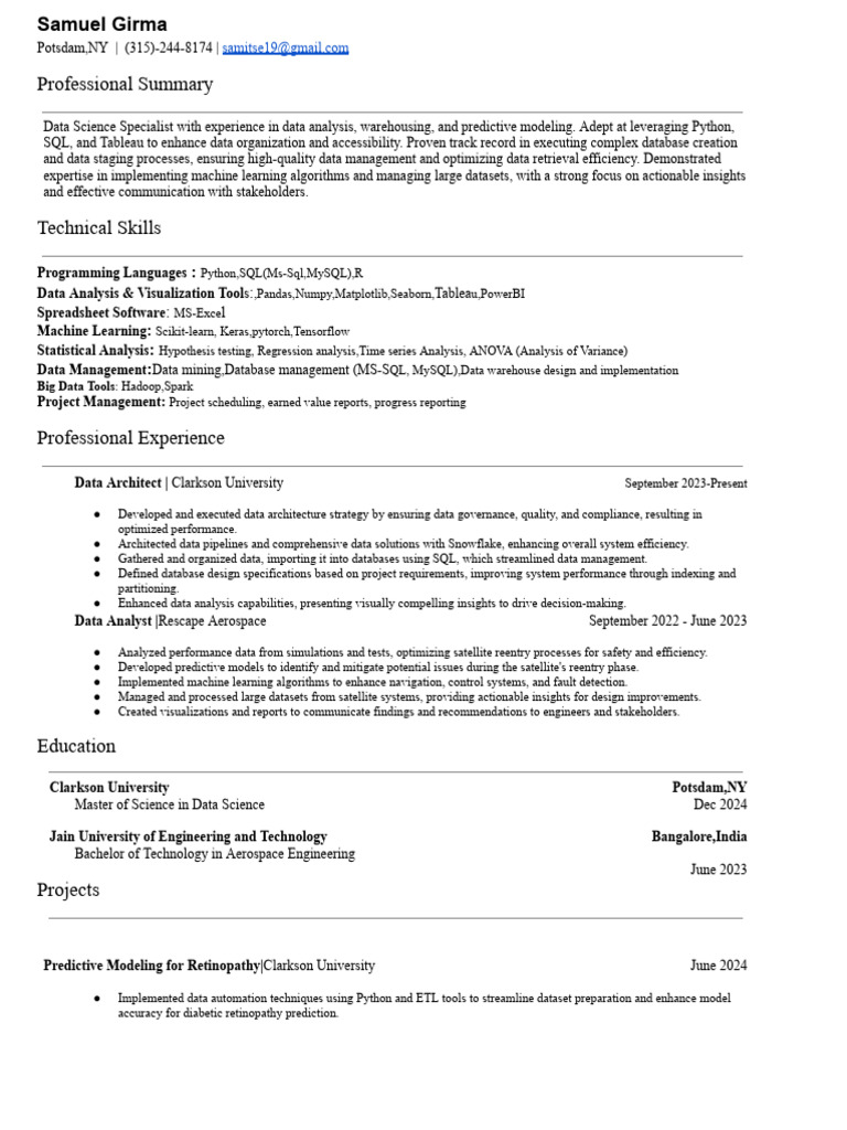 Data Science Specialist Resume Summary | PDF | Data Analysis | Data
