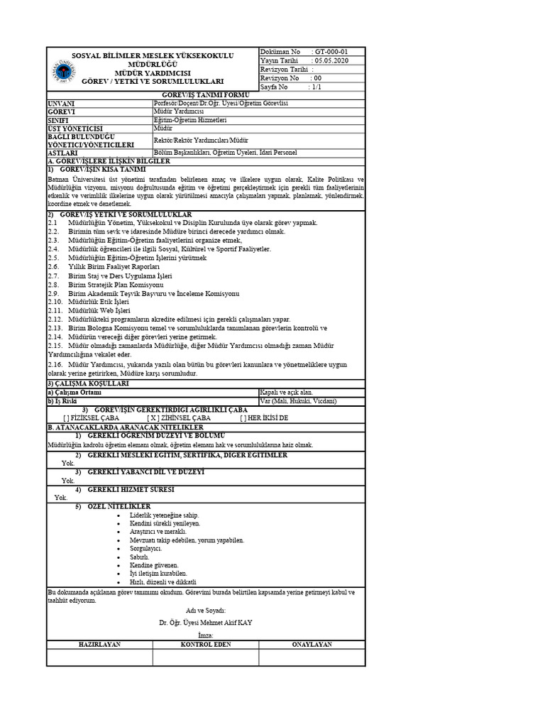 (6099986) Gorev Tanimi - Dr. Ogr. Uyesi Mehmet Akif KAY | PDF