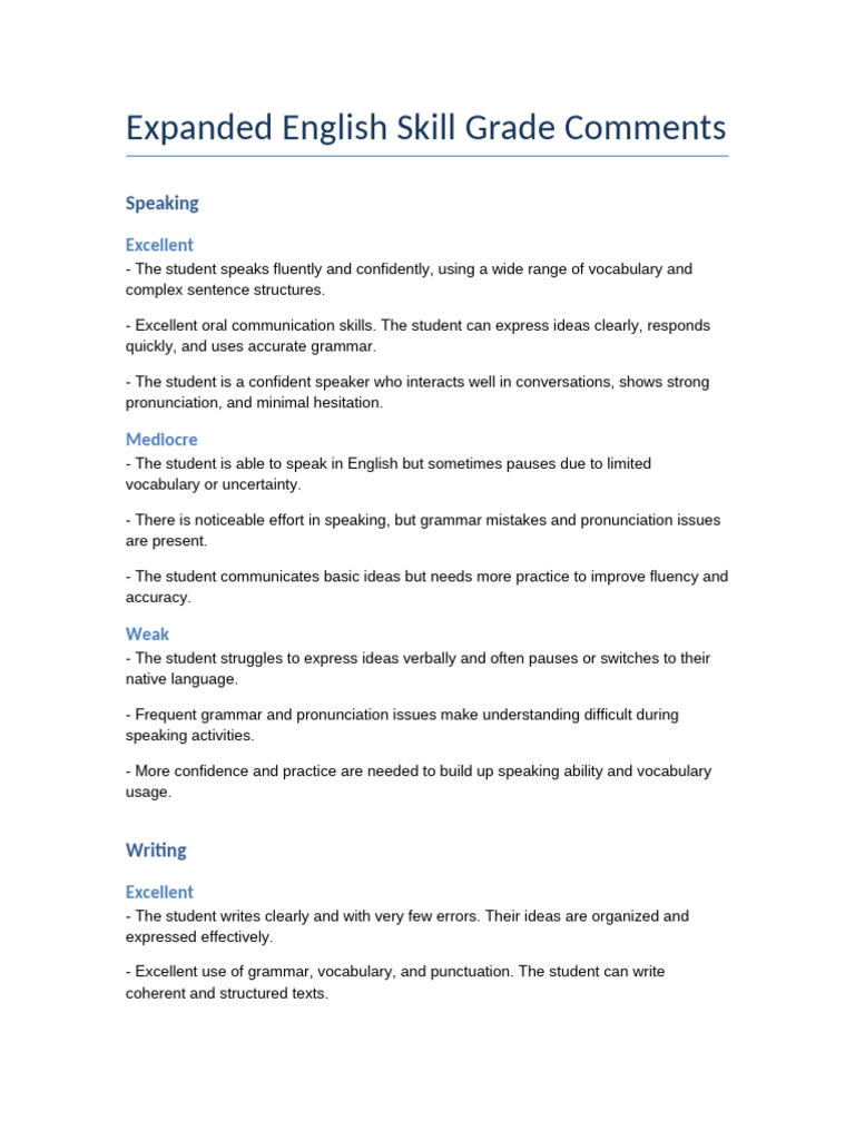 English Skill Assessment Comments | PDF | Reading Comprehension ...