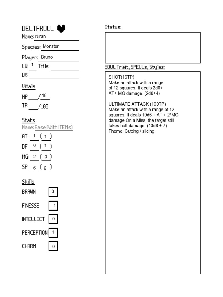 DELTAROLL - Ficha Niran LV 1 | PDF