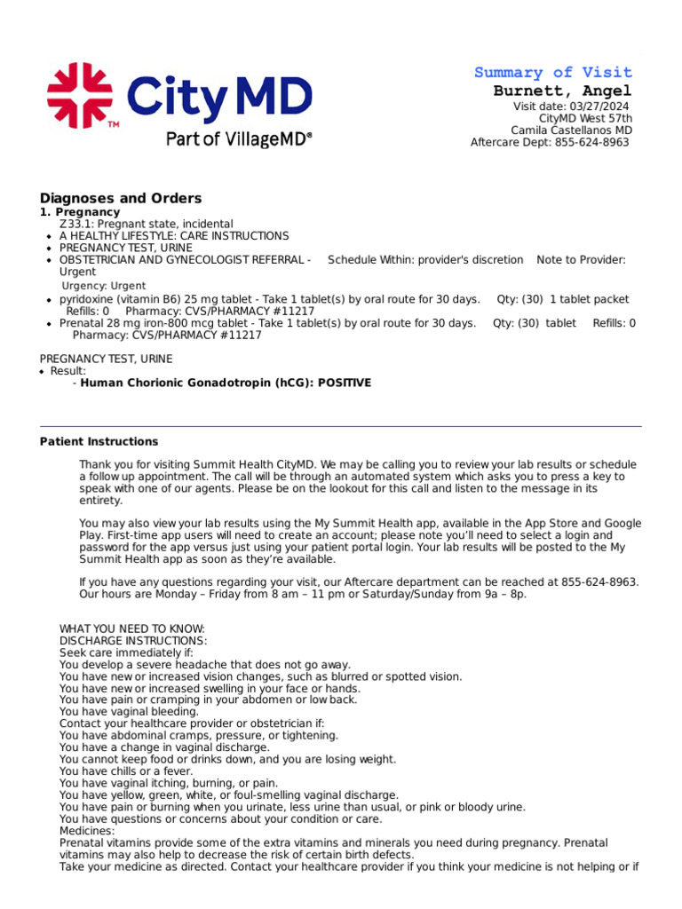CityMD Pregnancy Visit Summary | PDF | Pregnancy | Miscarriage