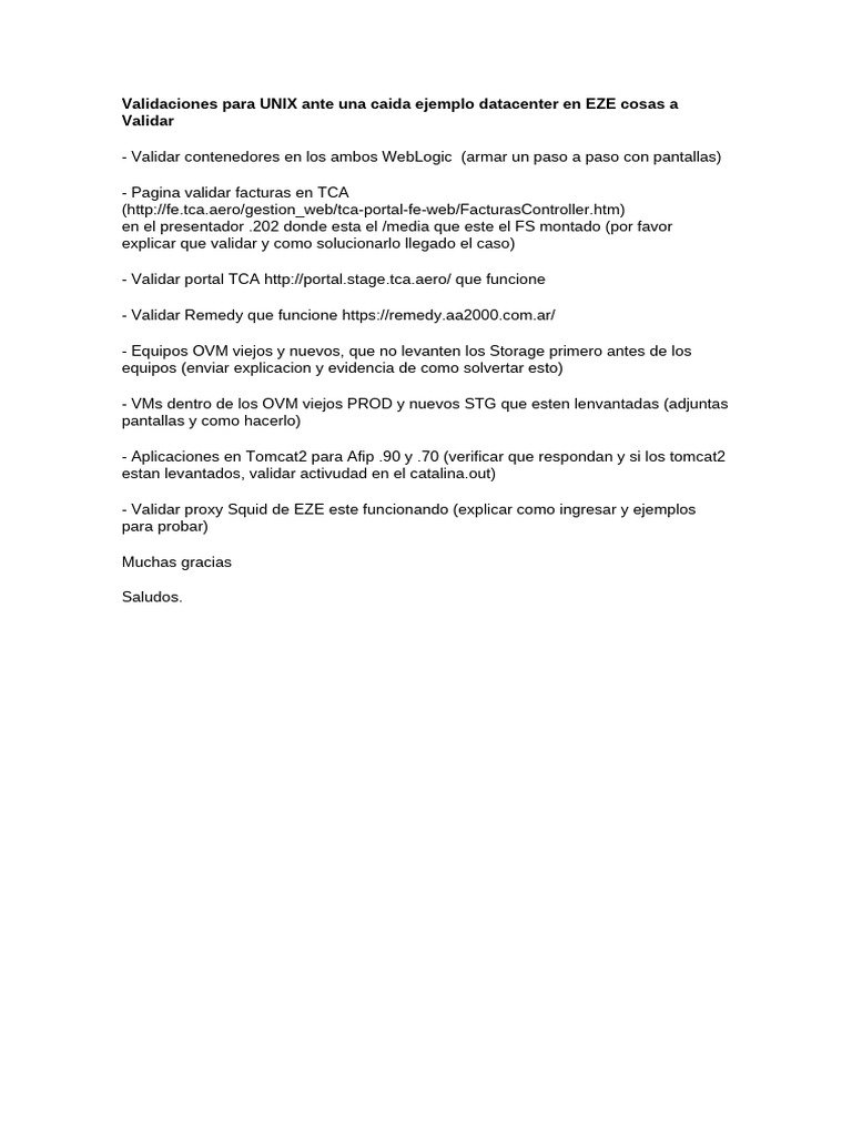 Validaciones para UNIX Ante Una Caida Ejemplo Datacenter en EZE Cosas A Validar | PDF