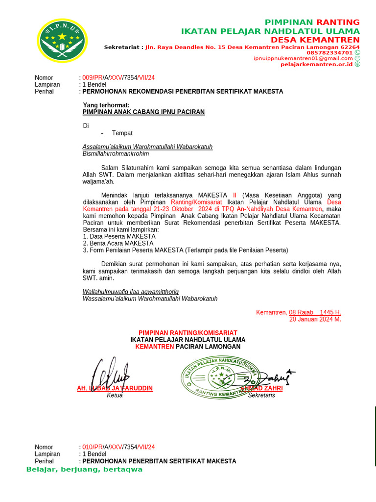 Contoh Pengajuan Sertifikat IPNU.docx | PDF