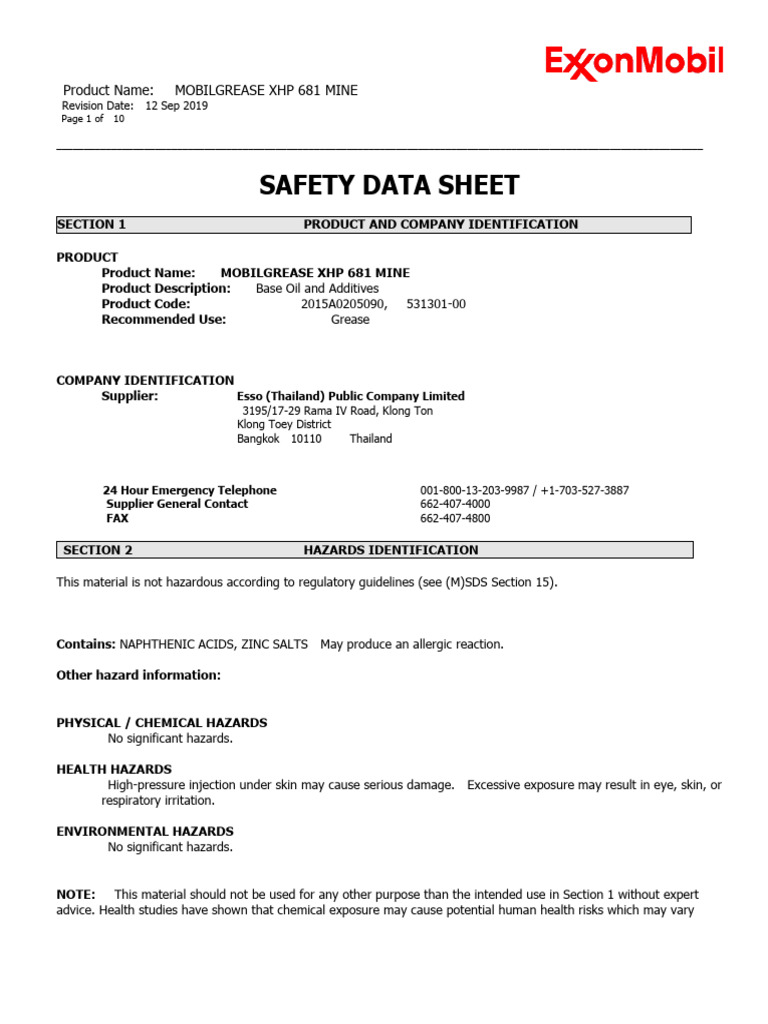 Mobilgrease XHP 681 Mine Msds | PDF | Personal Protective Equipment ...