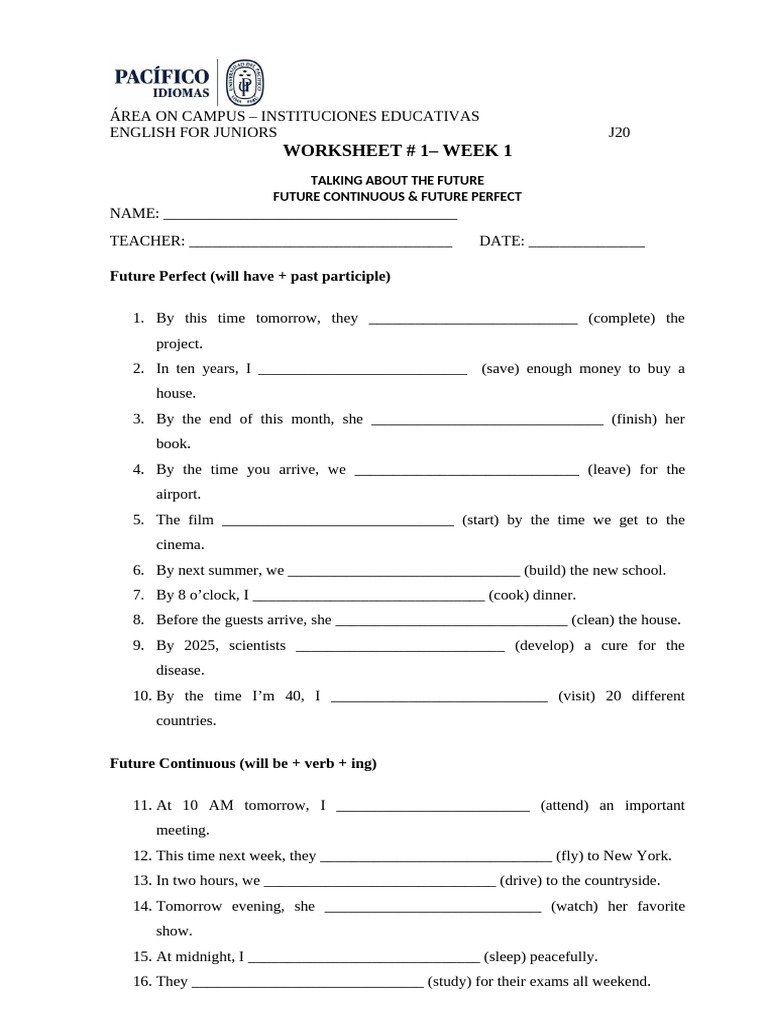 Worksheet 1 - Future Progressive & Future Perfect | PDF