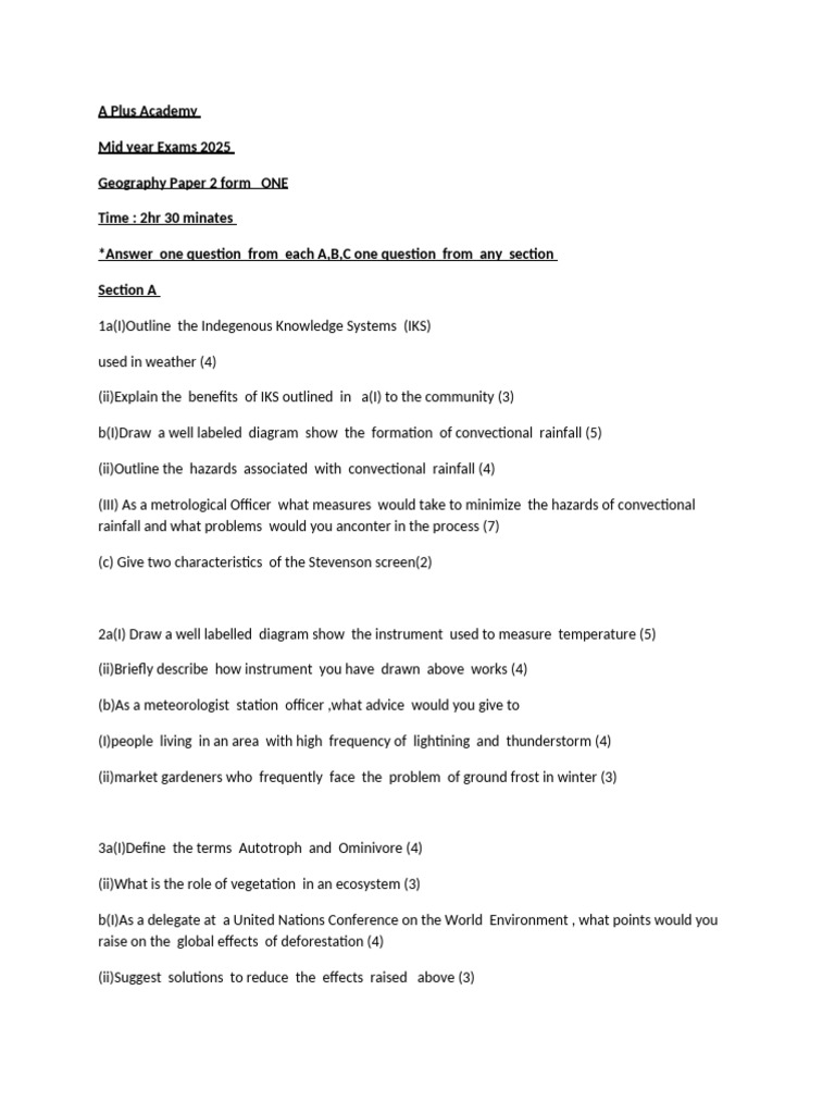 MR Chitengu Geography Paper Two Form One Mid Year Exams (2025) | PDF ...