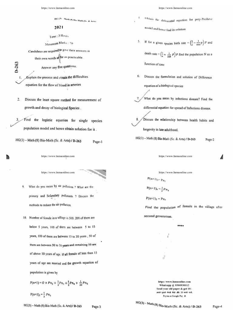 Ba BSC Part 3 Hons Mathematics Bio Mathematics Paper 8 D 263 2021 | PDF