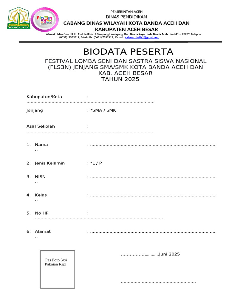 Biodata Peserta Fls3n 2025 | PDF