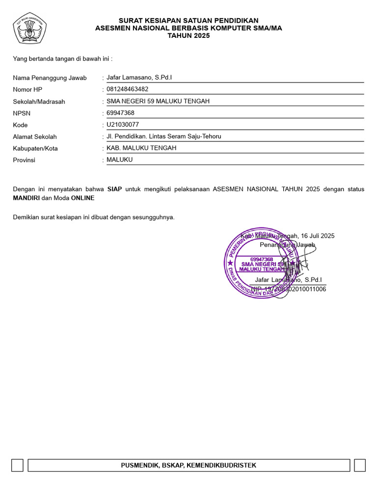 Surat Kesiapan ANBK 2025 SMA Negeri 59 | PDF