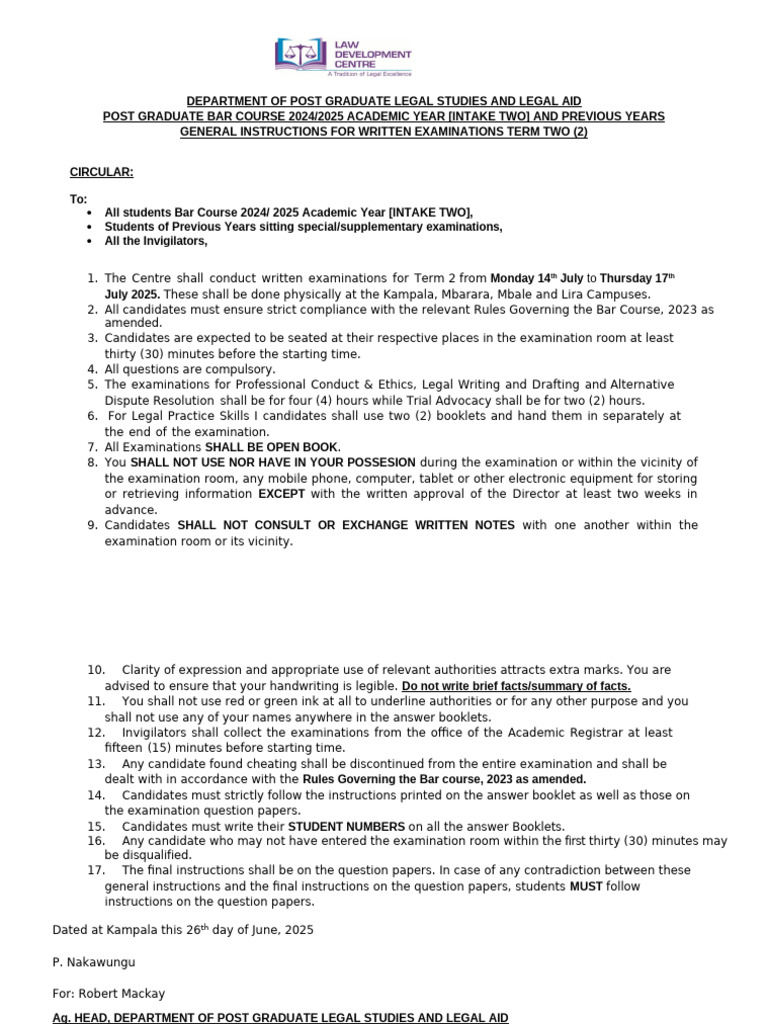 Timetable For Written Examination Term 2 Intake Two Ay 2024 2025 (Final ...