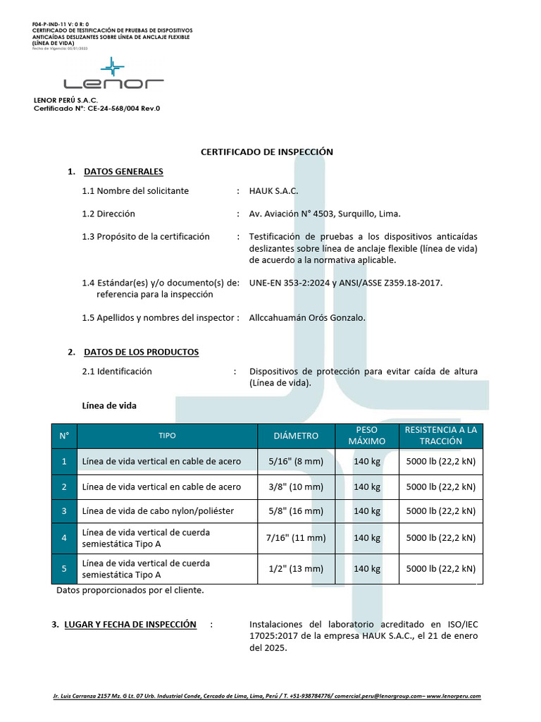 Certificado 2025 - Lineas de Vida Vertical | PDF | Bienes manufacturados