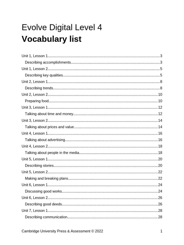 Evolve Digital Level 4 Vocabulary Guide | PDF | Cost Of Living | Adjective