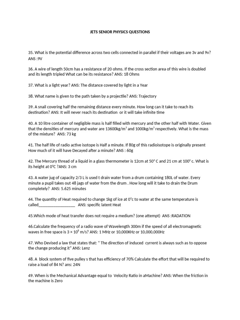 Senior Physics Questions and Answers | PDF | Waves | Pressure