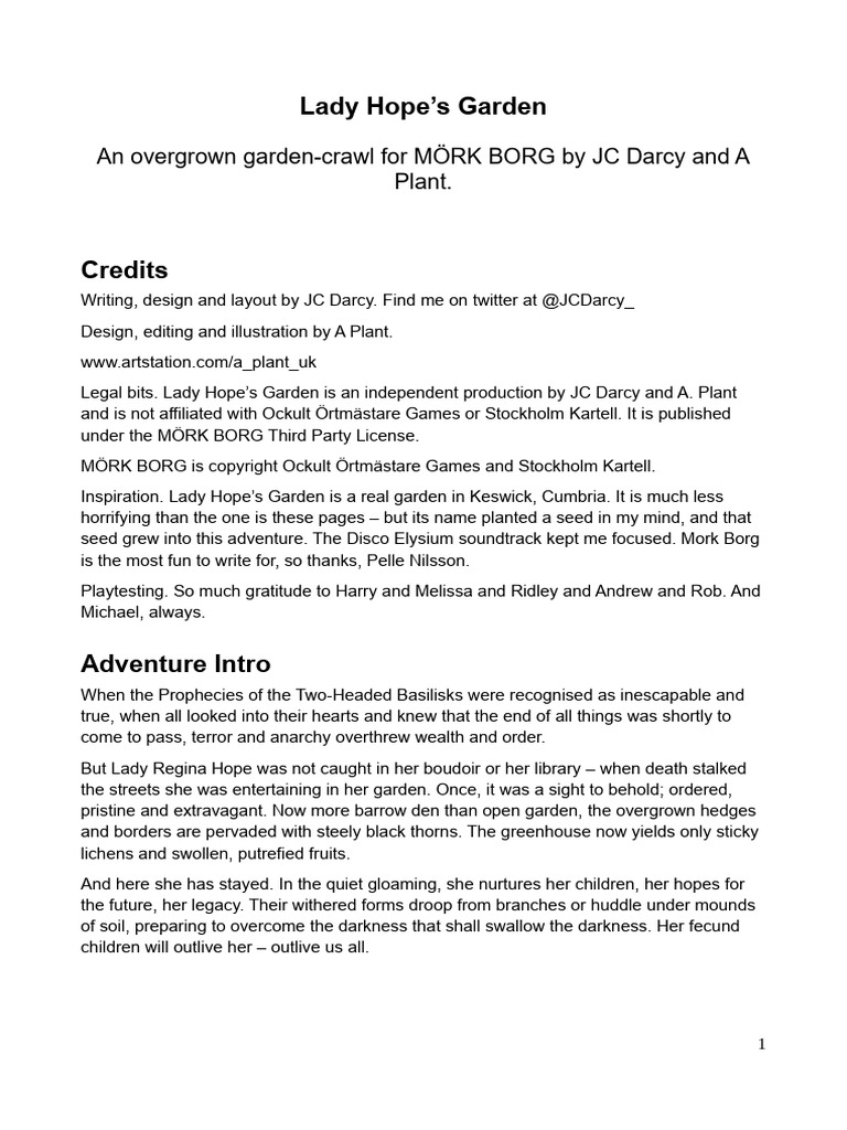 Mörk Borg JC Darcy Lady Hope's Garden Simplified Version | PDF