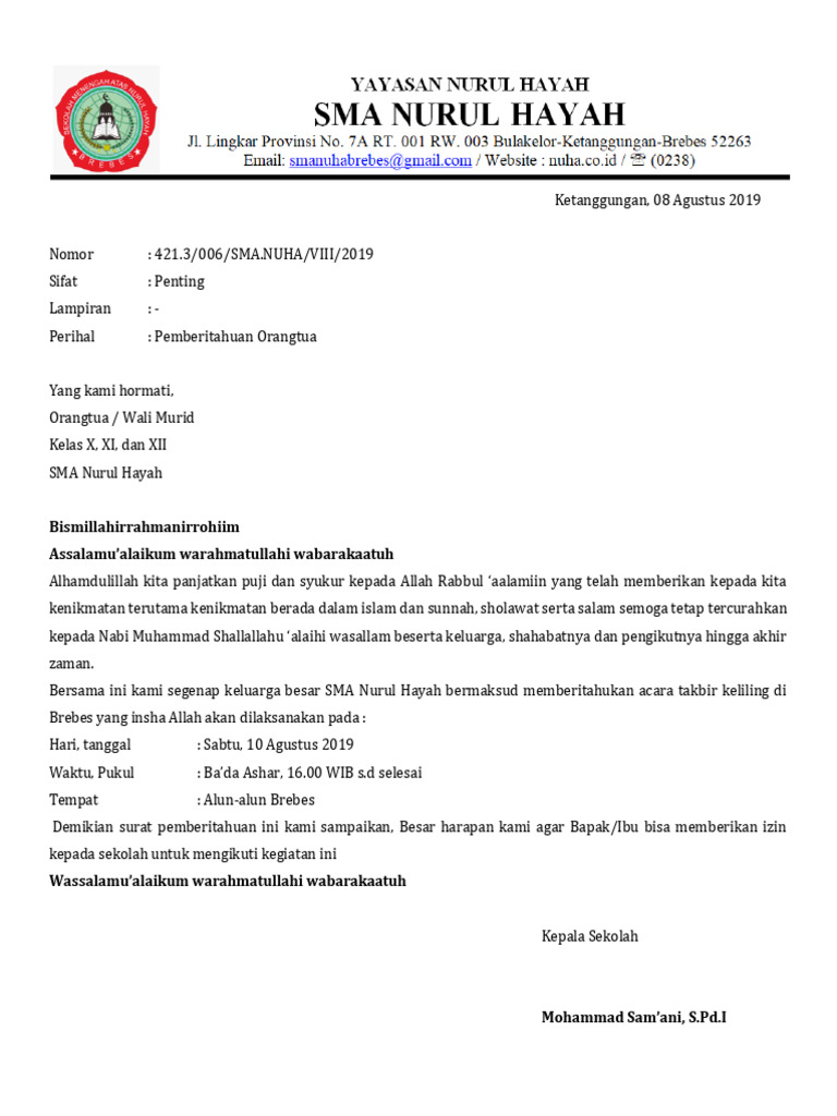 006 - Surat Pemberitahuan Orangtua Kegiatan Takbir Keliling | PDF