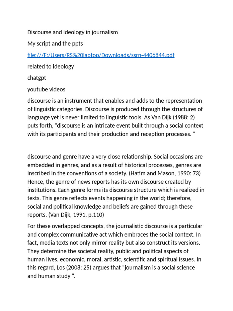 Discourse and Ideology in Journalism | PDF | News | Discourse