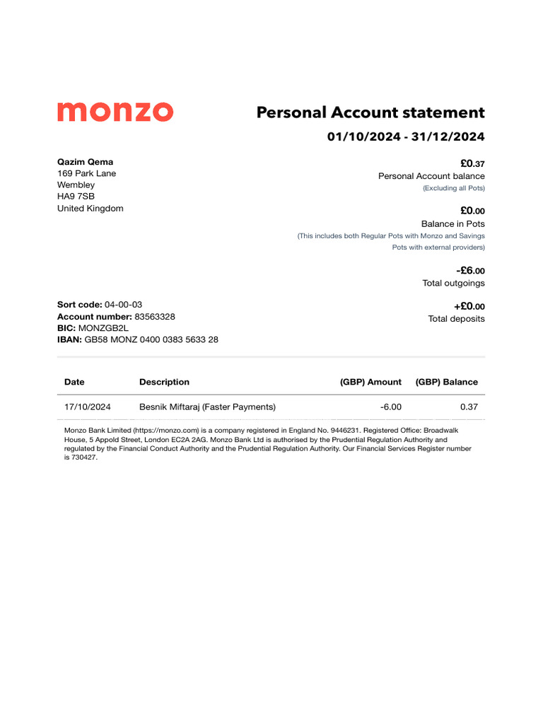 Monzo - Bank - Statement - 2024 10 01 2024 12 31 - 3404 | PDF | Deposit ...