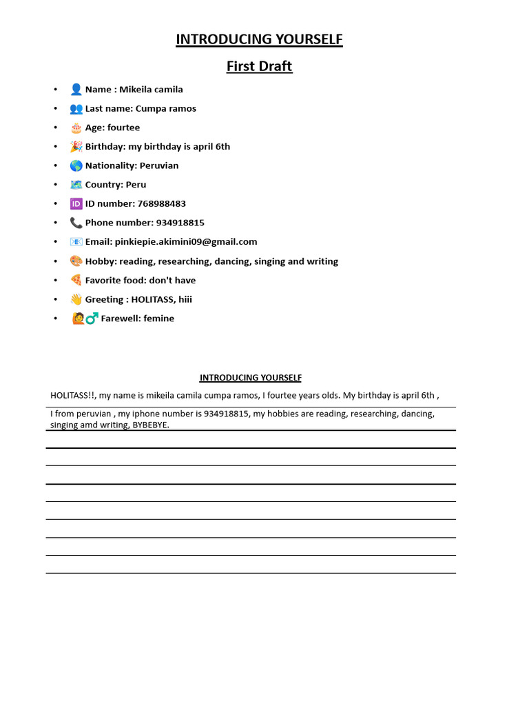 Introducing Yourself Worksheet Second Grade | PDF