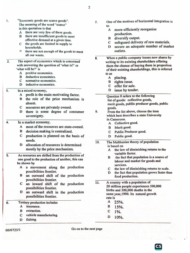 0725 Economics Paper 1 2025 | PDF