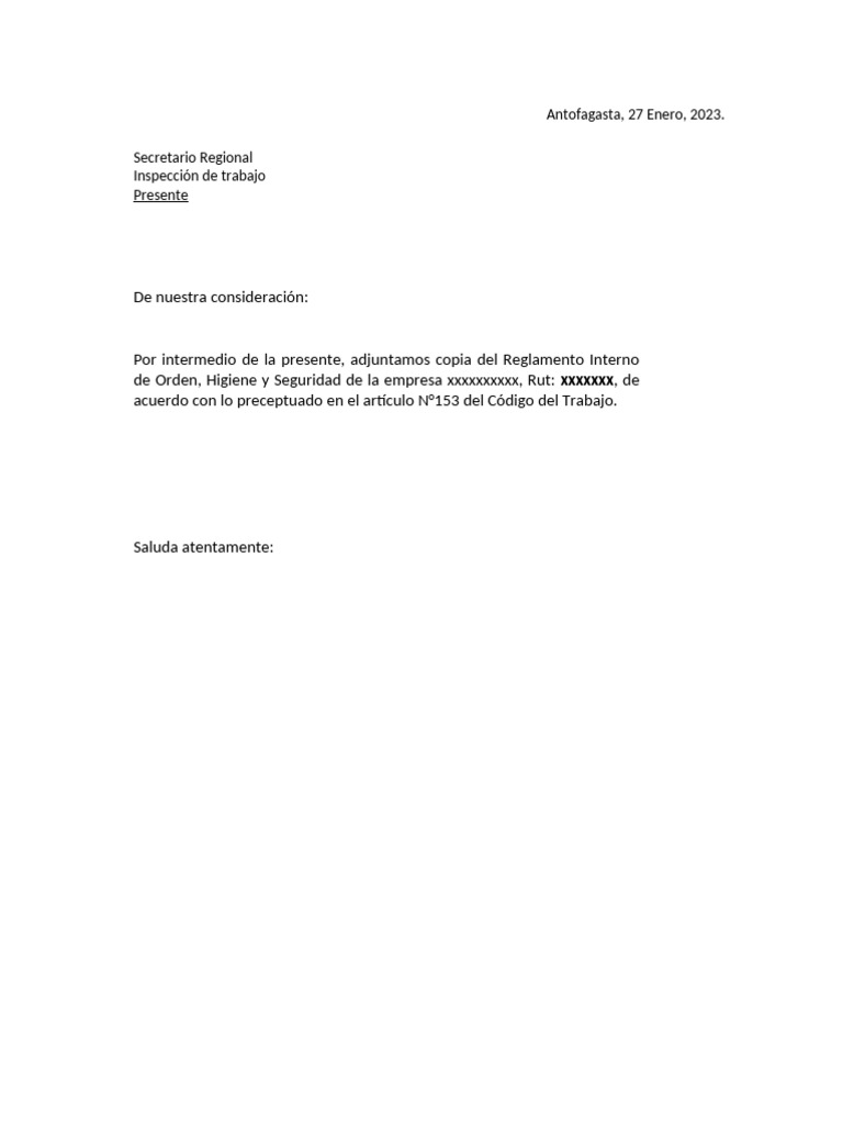 Carta Inspeccion de Trabajo Reglamento | PDF