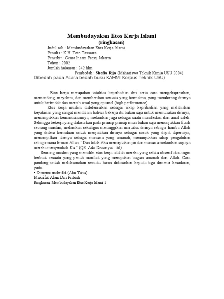 Etos Kerja Islami Karya Toto Tasmara | PDF