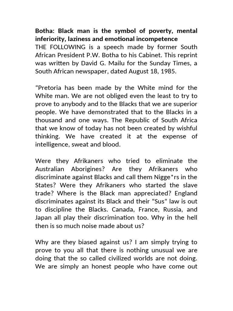 Botha's 1985 Cabinet Speech on Race | PDF