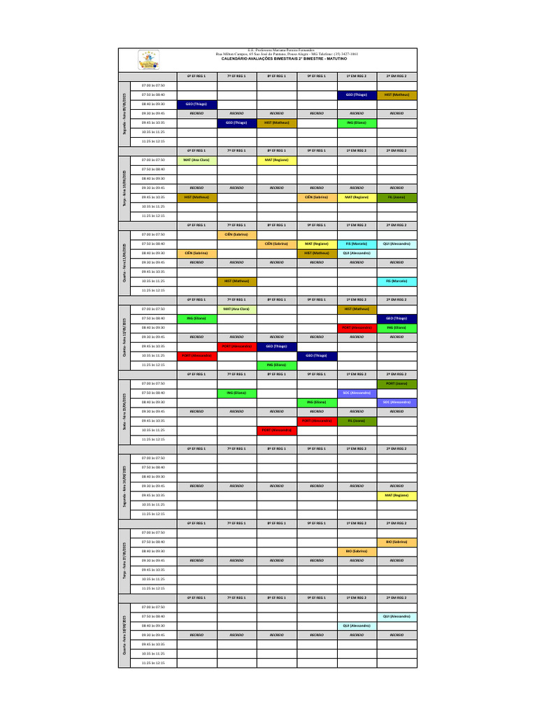 SEMANA AVAL 2° BIM 2025 2.xlsx - Planilha1 | PDF