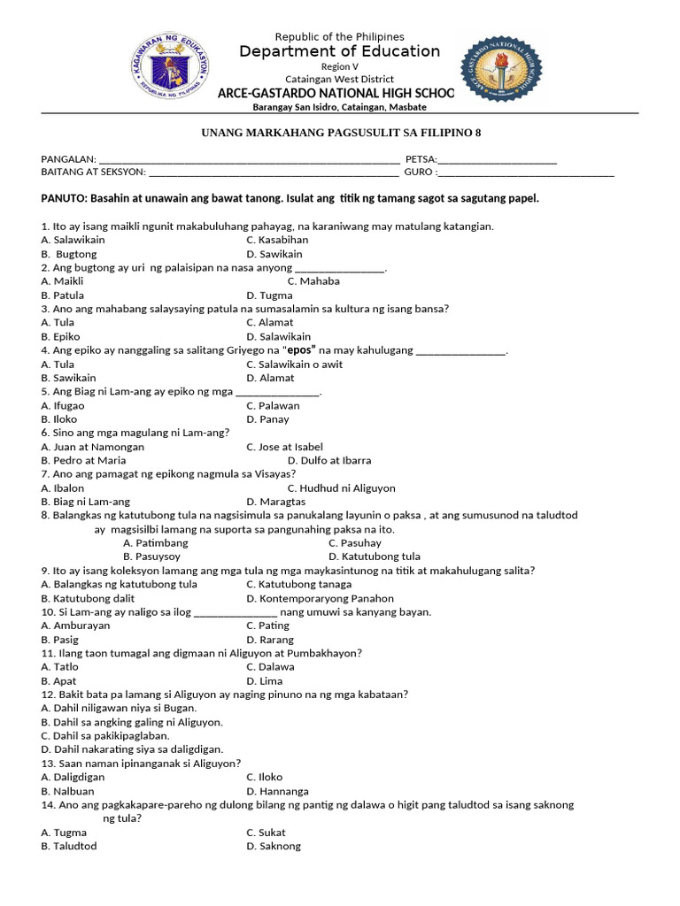 Test Paper Sa Filipino 8 | PDF