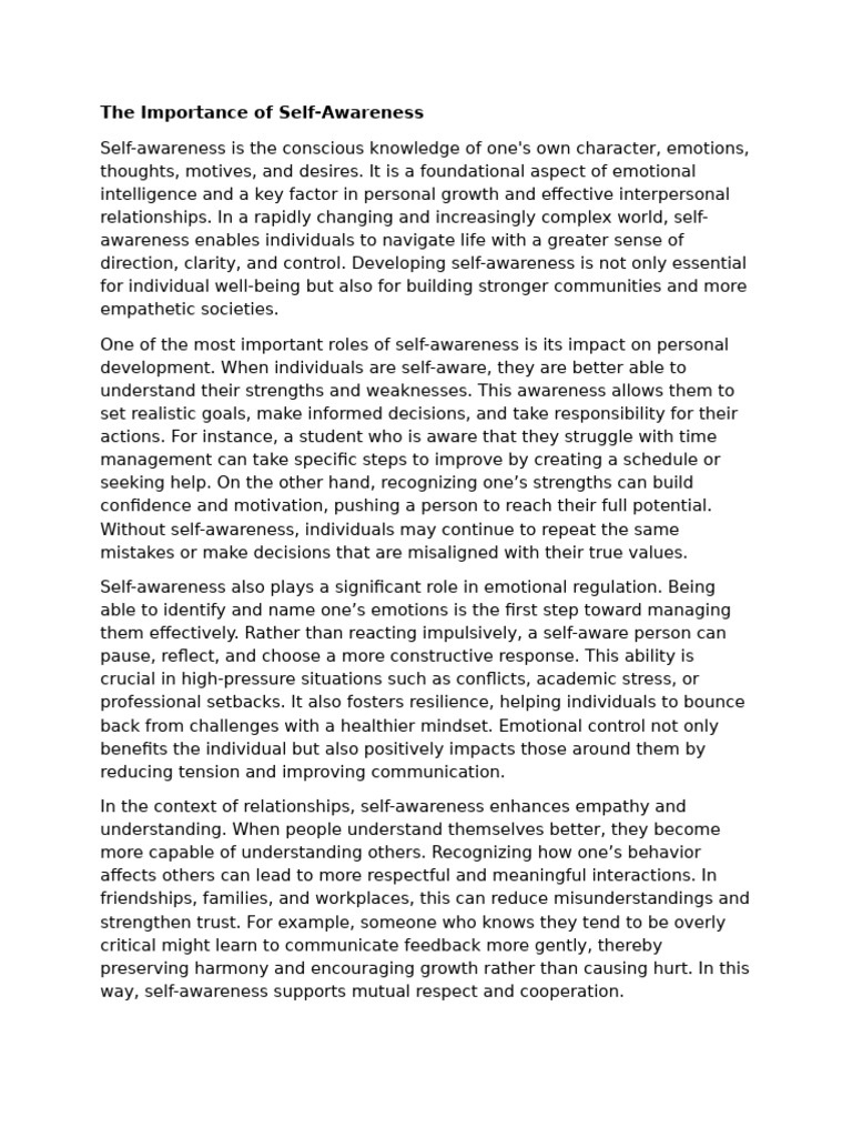 The Importance of Self Awareness | PDF | Self Awareness | Psychological ...