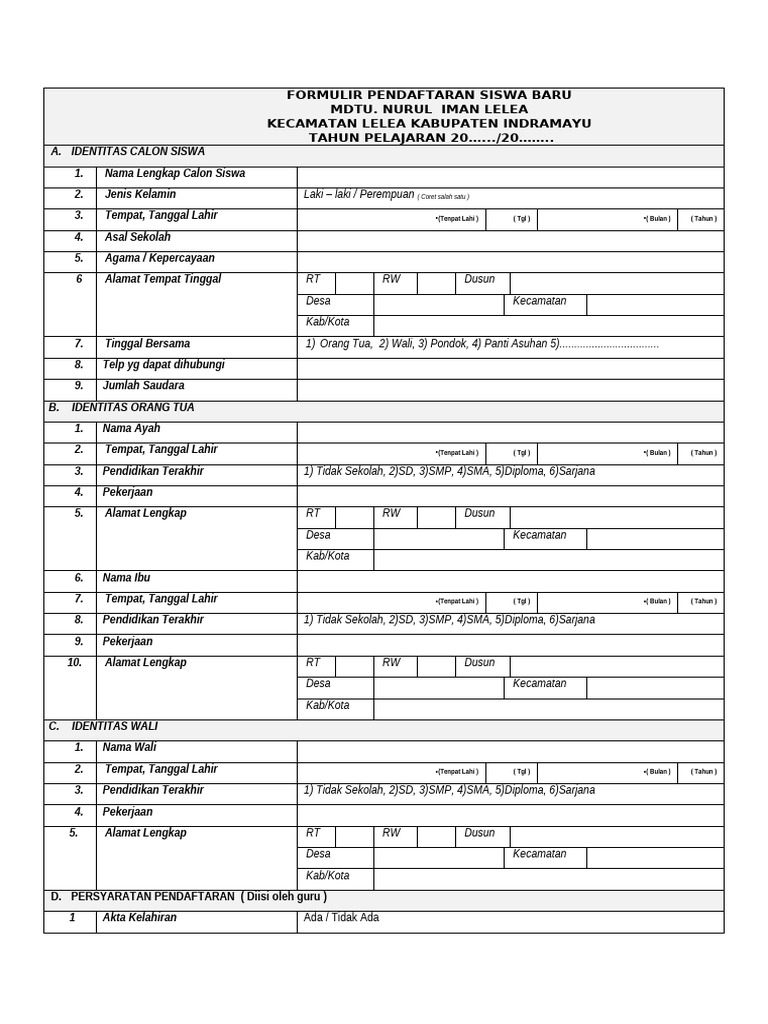Contoh Formulir Pendaftaran Siswa Baru PPDB 2019-2020 | PDF