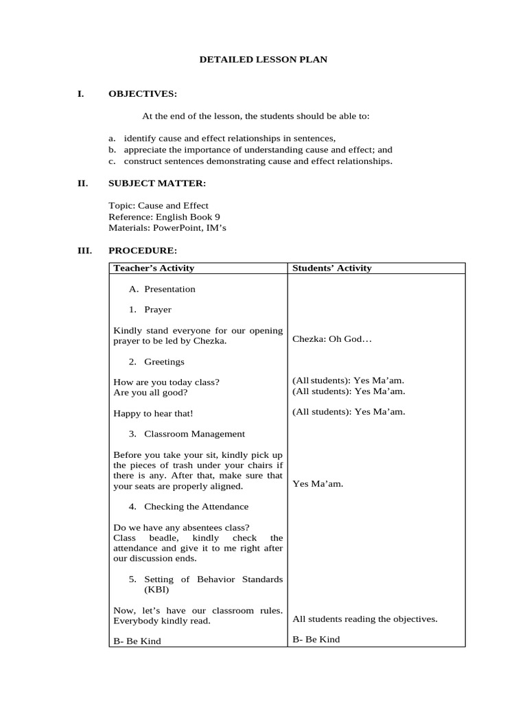 Detailed Lesson Plan For Final Babeb | PDF | Causality | Lesson Plan