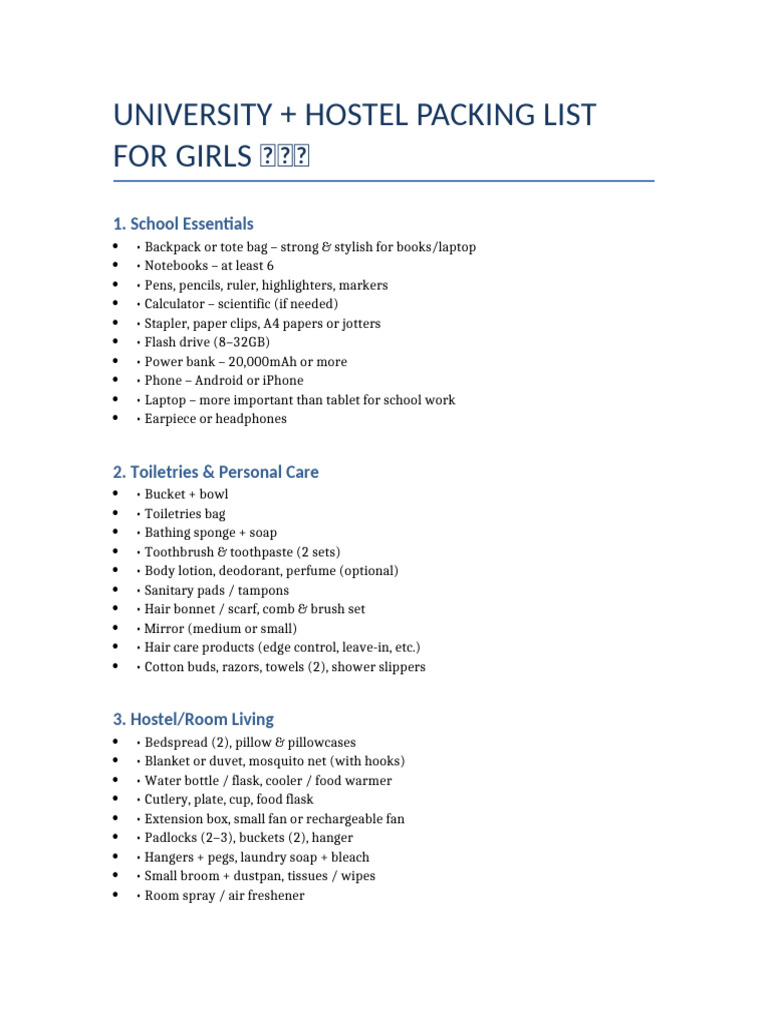 UNIOSUN Hostel and School Packing List | PDF