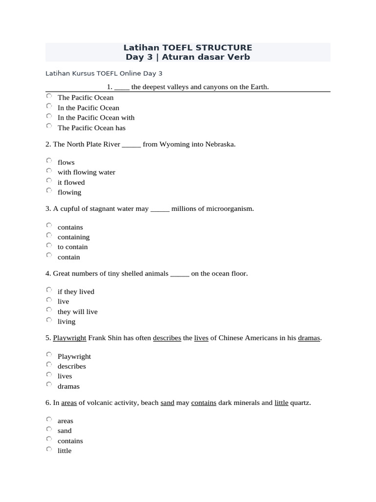 Soal TOEFL Structure Day 3 | PDF