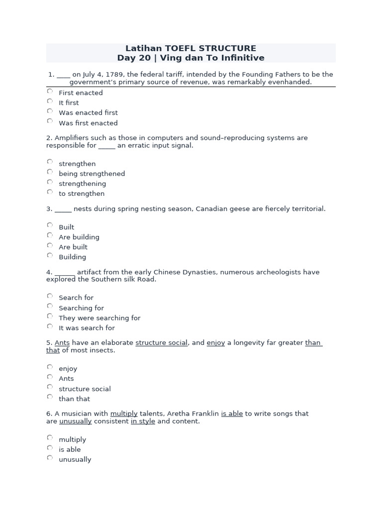TOEFL Structure Practice Exercises | PDF