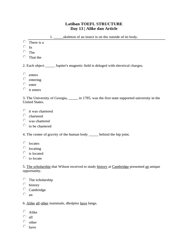 TOEFL Structure Practice: Day 13 | PDF