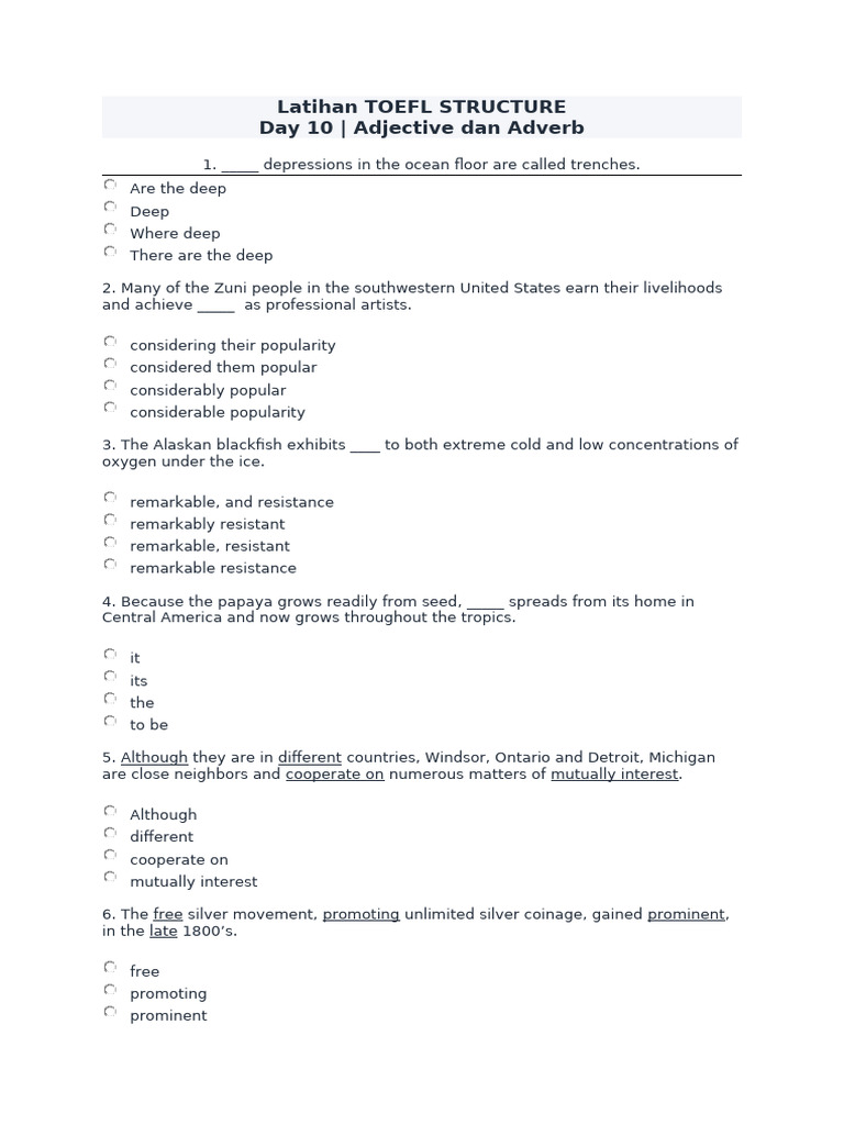 TOEFL Structure Practice: Adjectives & Adverbs | PDF
