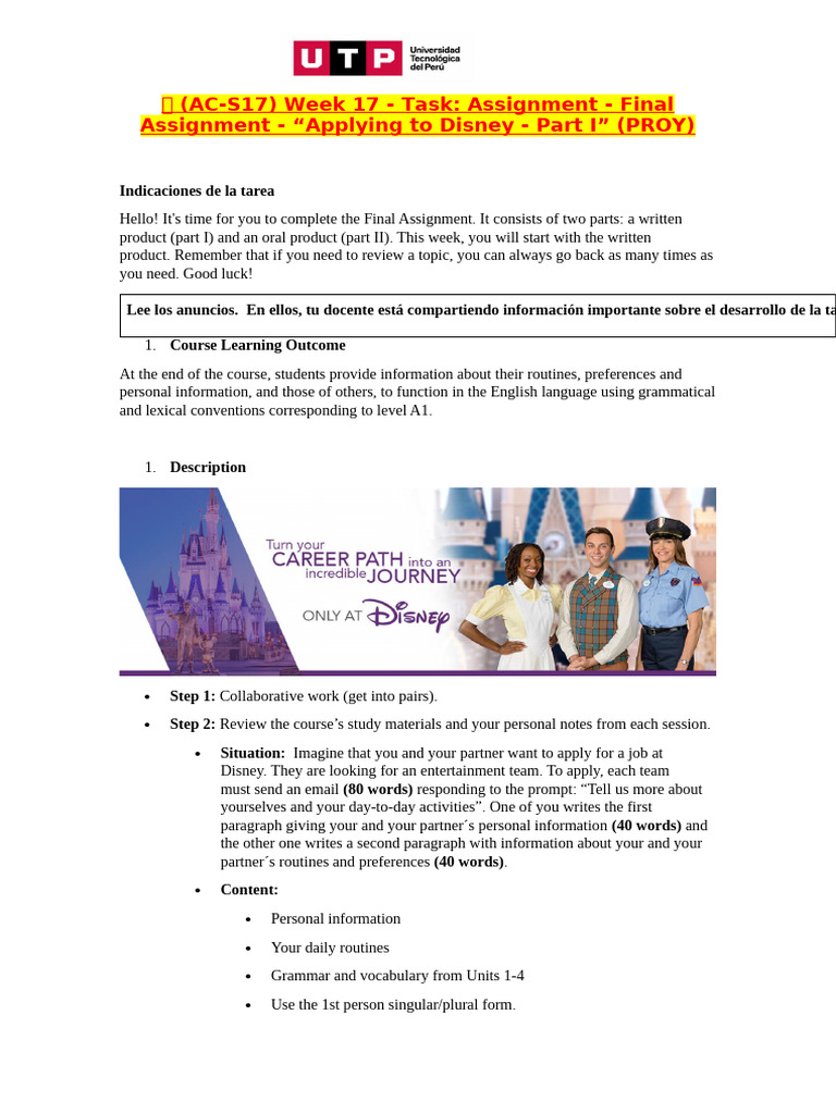 ? (AC-S17) Week 17 - Task Assignment - Final Assignment - "Applying To Disney - Part I" (PROY ...