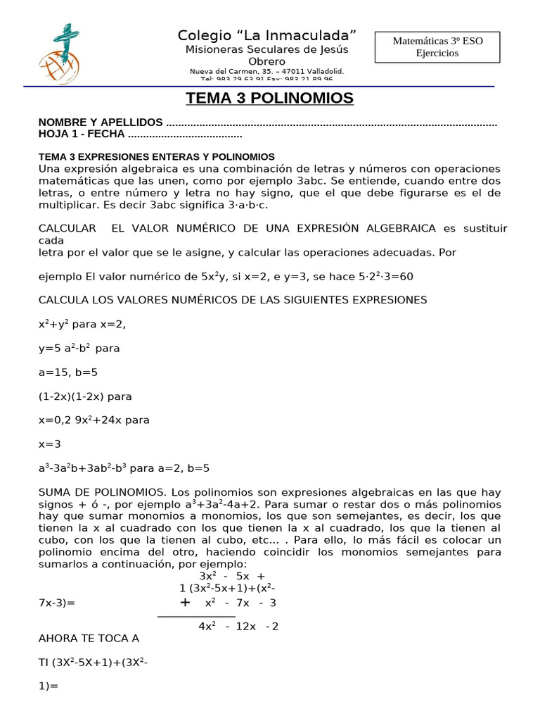 Ejercicios de Operaciones Con Polinomios | PDF | Multiplicación | Notación Matemática