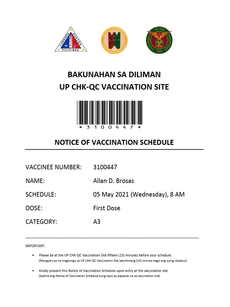 Bakunahan Sa Diliman Up CHK-QC Vaccination Site: Notice of Vaccination Schedule | PDF