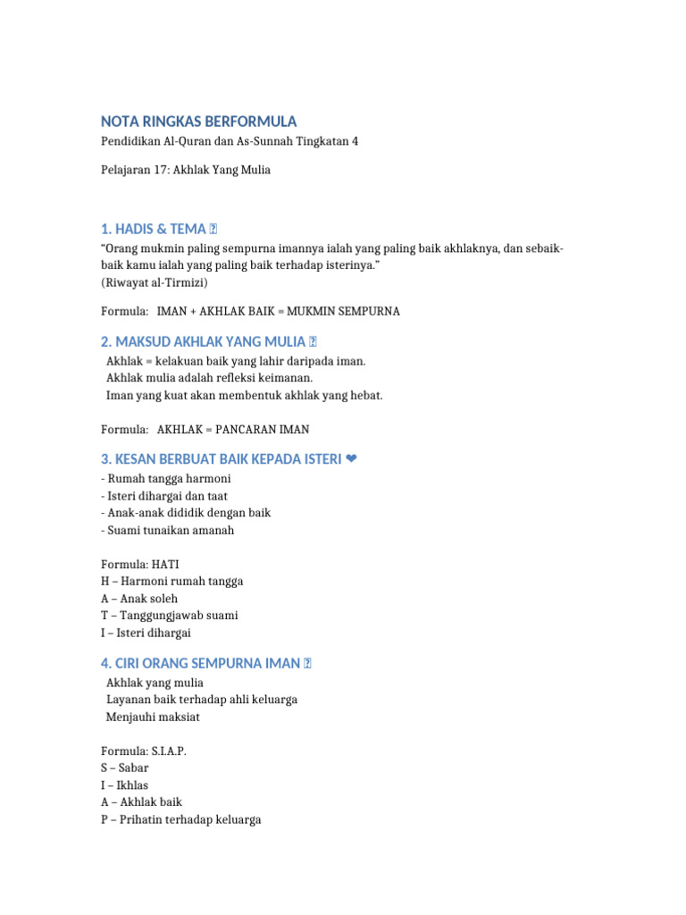 Nota Ringkas Berformula Akhlak Yang Mulia | PDF