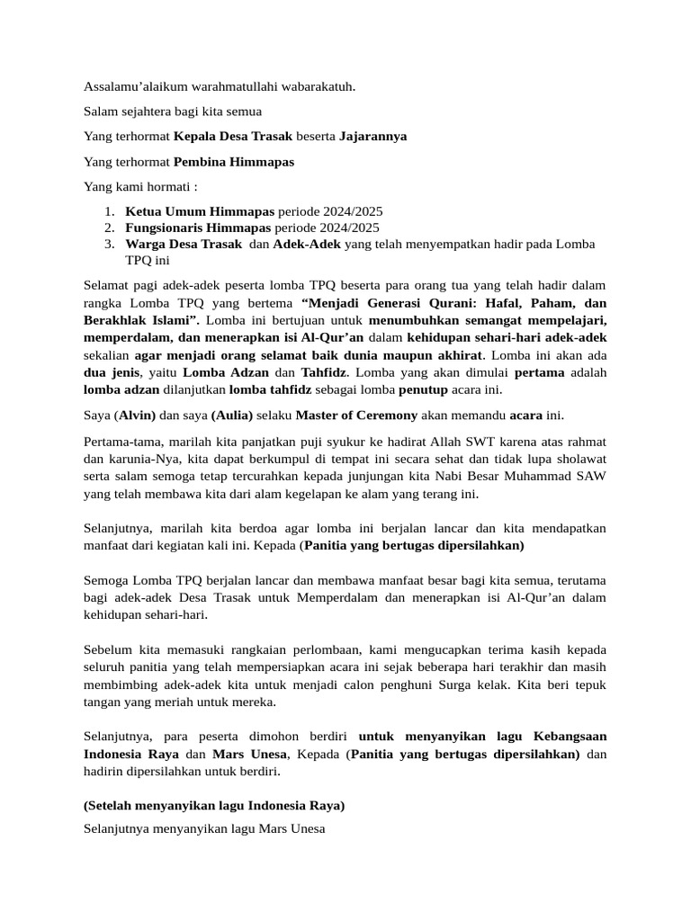 Teks MC Lomba TPQ | PDF